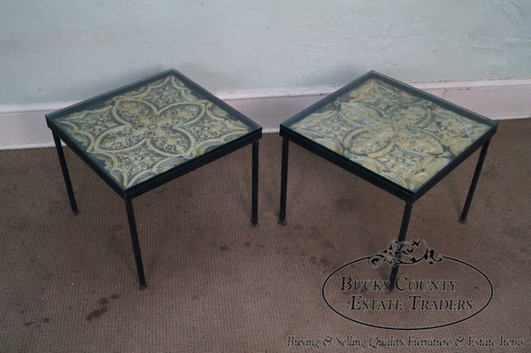 Custom Pair of Square Iron Frame Glass Top Side Tables w/ Tin Panels ...
