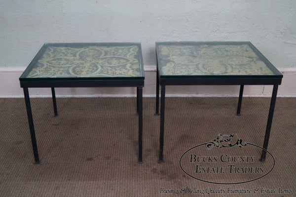 Custom Pair of Square Iron Frame Glass Top Side Tables w/ Tin Panels ...