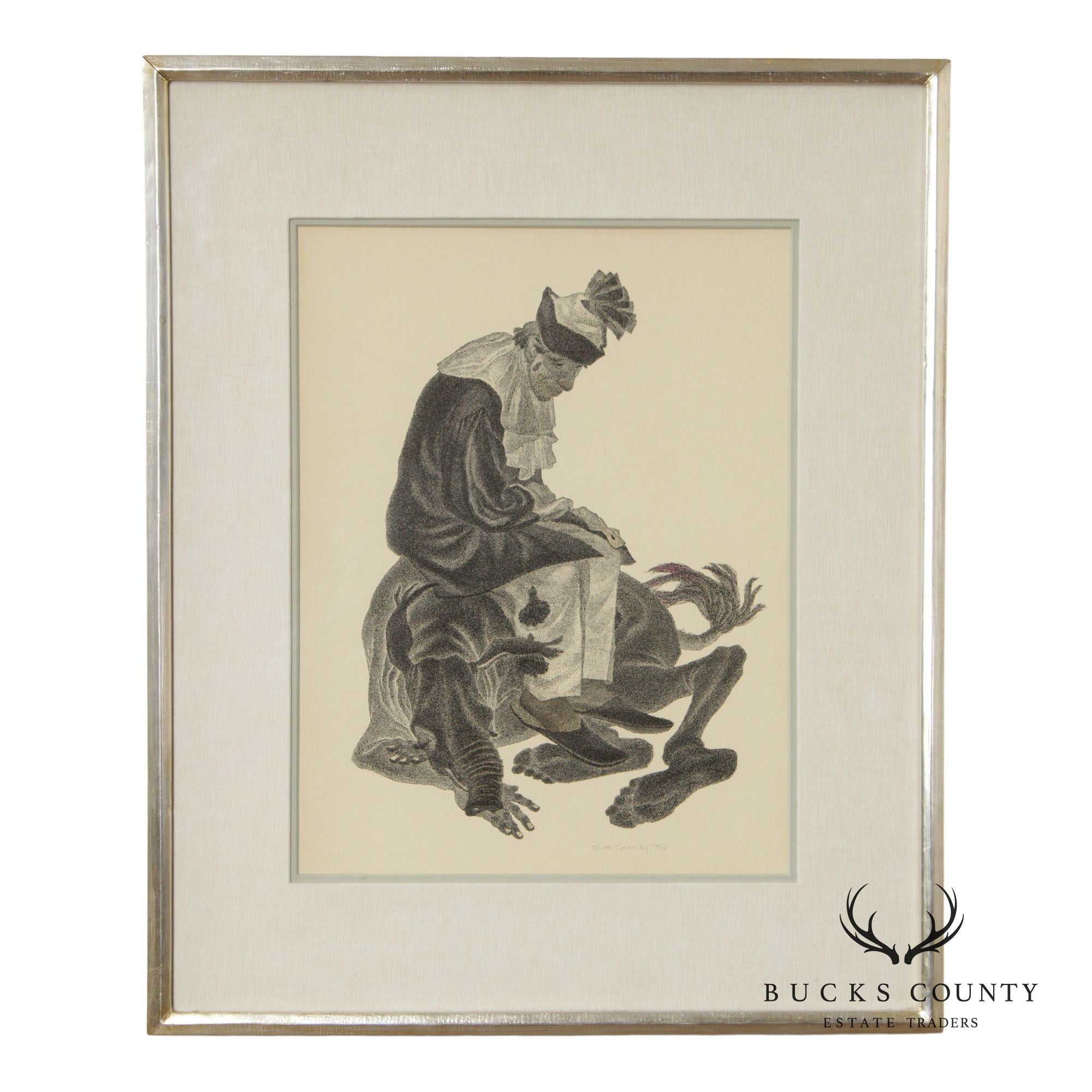 Oliver Grimley Whimsical Clown Pen and Ink Drawing