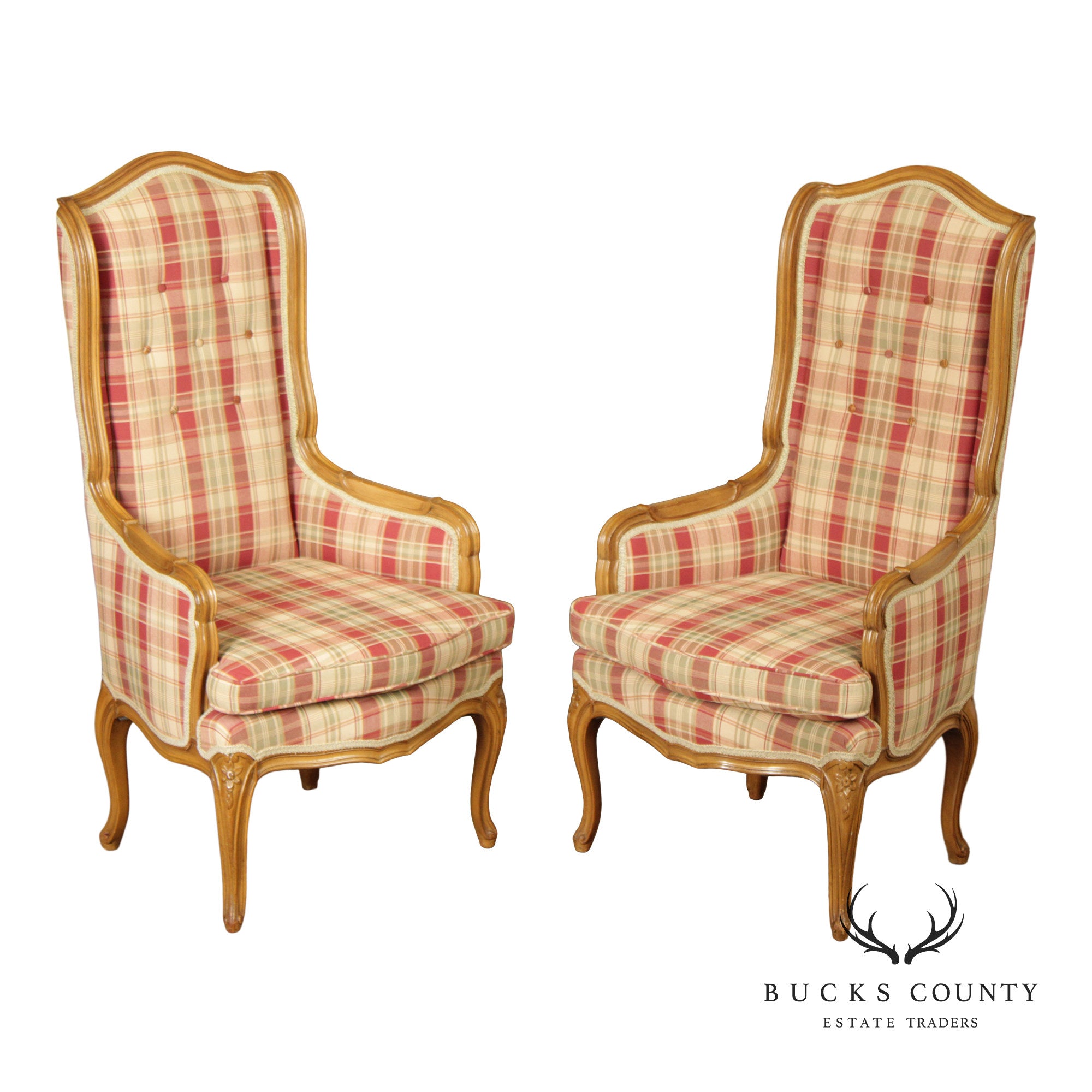 Pair Of Country French Carved Fruitwood Wingback Host Chairs