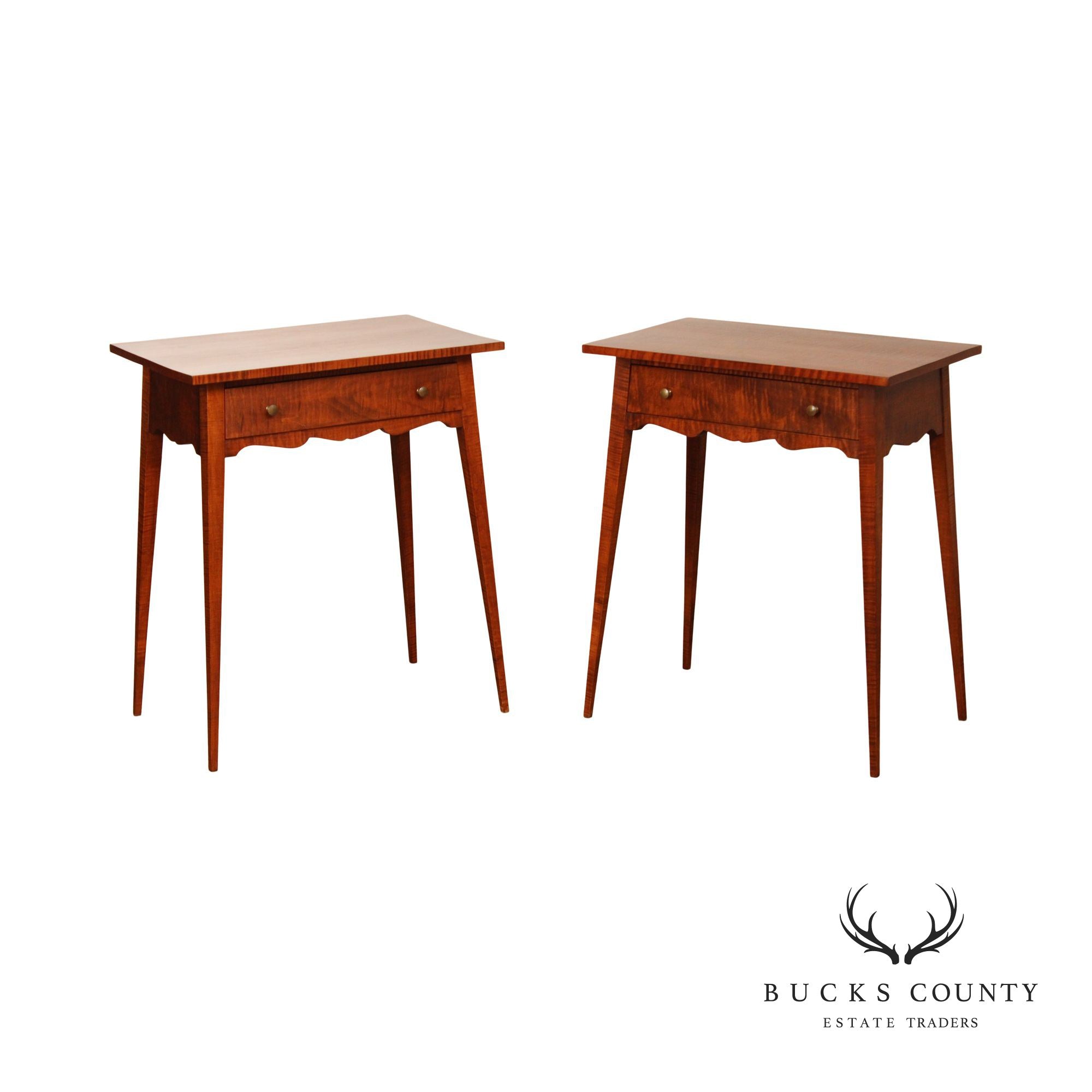 Tiger Maple Federal Style Custom Quality Pair One Drawer Side Tables