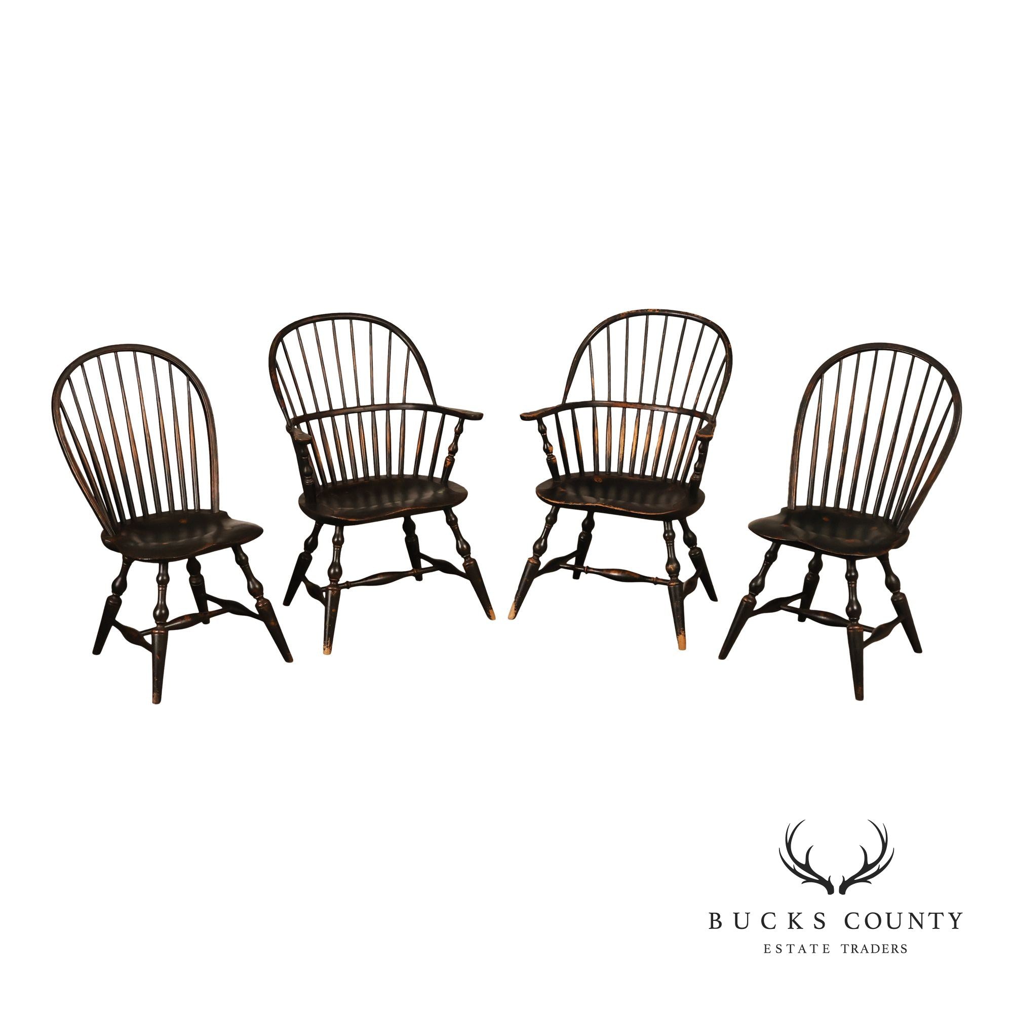 Richard Grell Set of Four Distress Painted Windsor Chairs