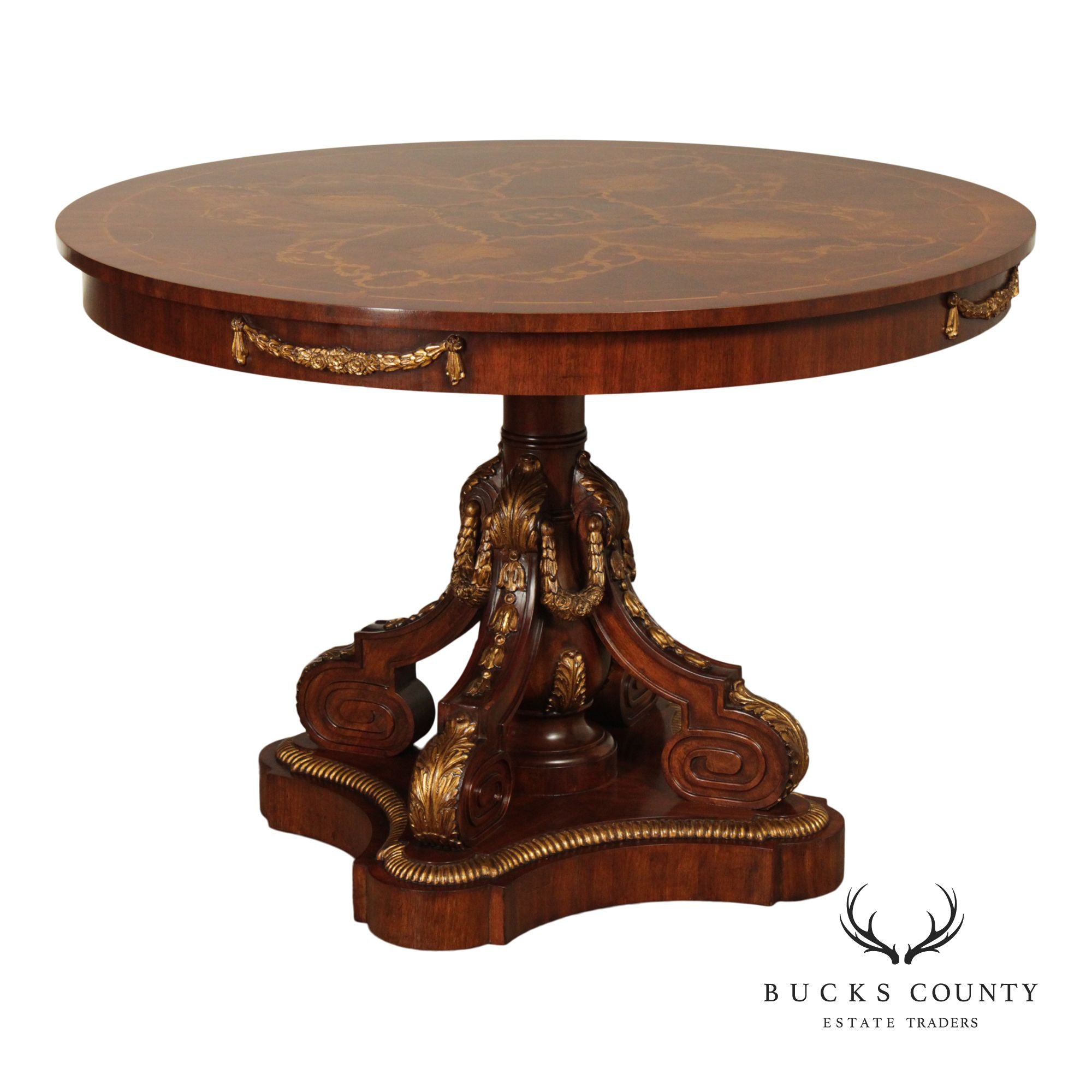 Maitland-Smith Round Inlaid Mahogany Round Center Table With Gilt Acce
