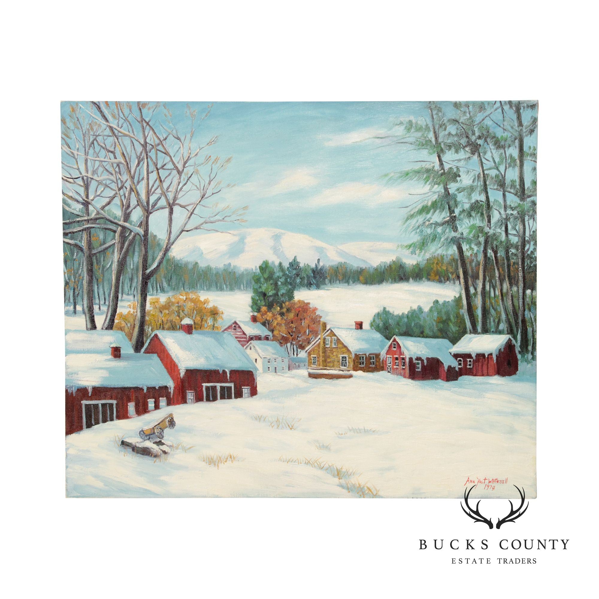 Ann Yost Whitesell 'The Red Barns' Winter Landscape Original Oil Paint