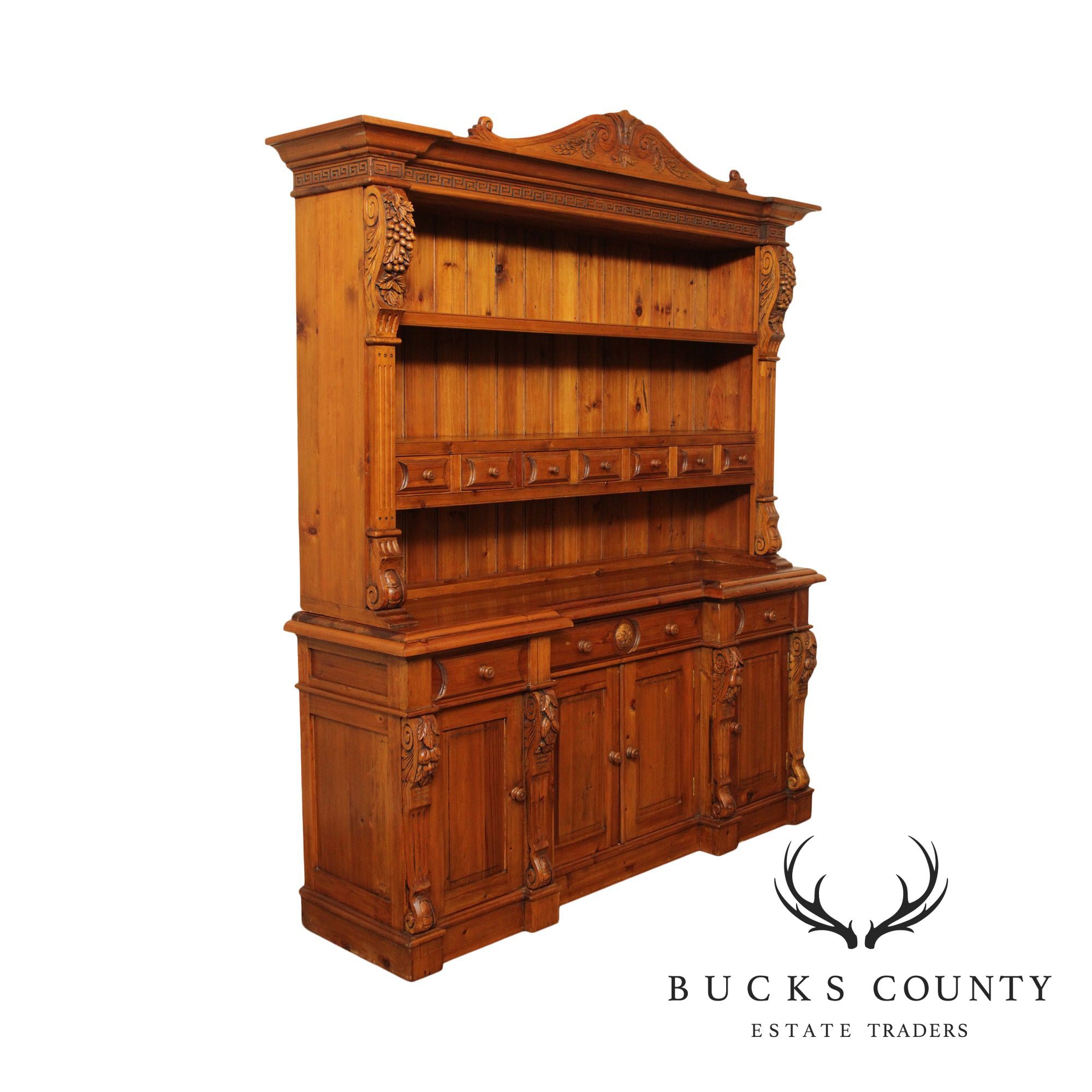 Large Custom Quality Carved Pine Step Back Hutch