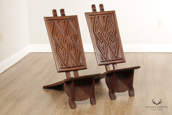 African Traditional Ceremonial Pair Mahogany Carved Folding Chairs ...