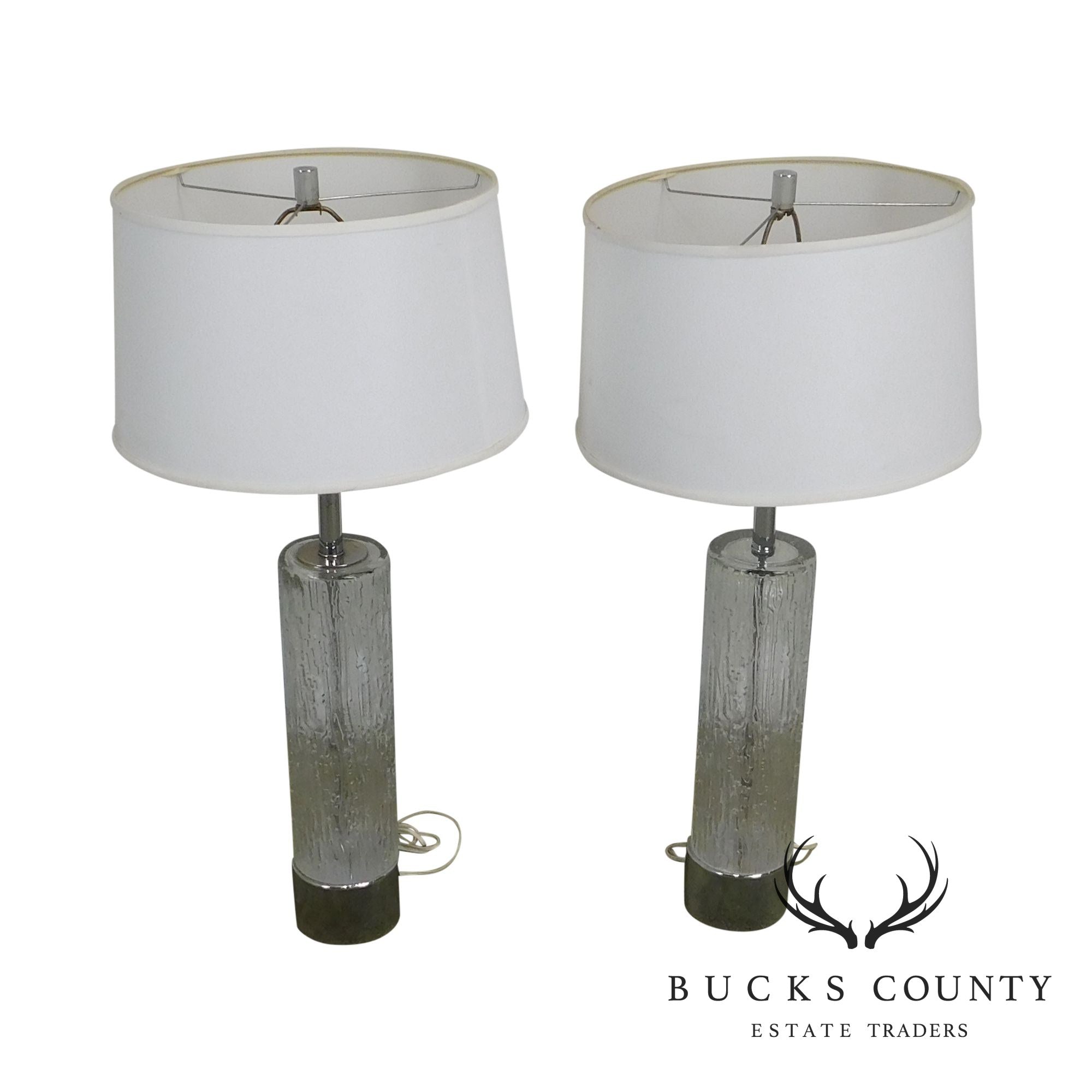 Mid Century Modern Pair of Chrome & Patterned Glass Column Lamps - 197