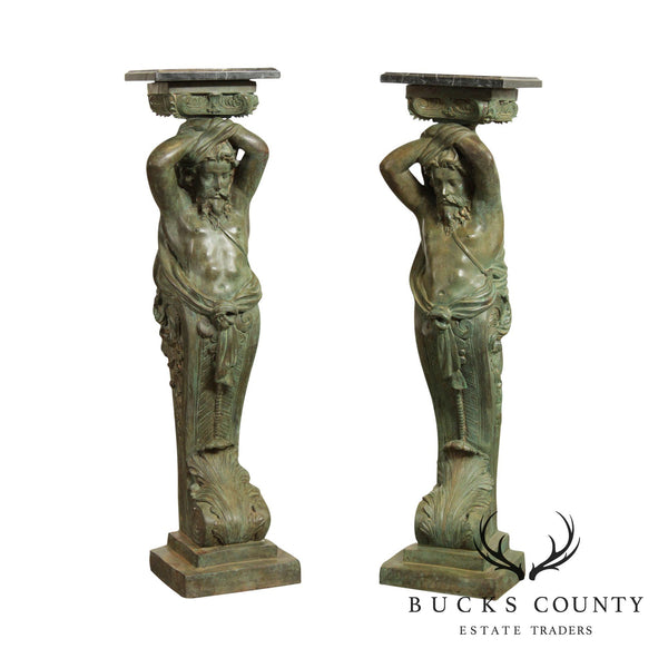 Bronze Marble Top Pair "Telamon" Greek God Statues, 48" Pedestals ...