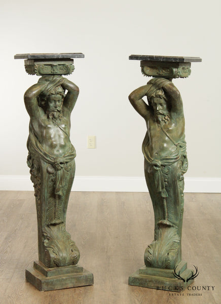 Bronze Marble Top Pair "Telamon" Greek God Statues, 48" Pedestals ...